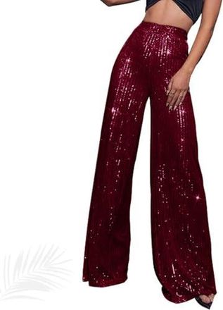 Generic Pantalon palazzo taille haute &agrave; paillettes pour femme - Pantalon de f&ecirc;te scintillant, rouge fonc&eacute;, 4XL