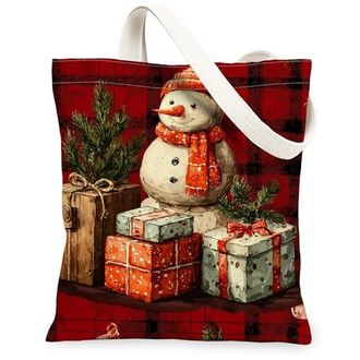 Generic Sac fourre-tout en toile de No&euml;l, bonhomme de neige festif et motif cadeau, sacs de courses r&eacute;utilisables, confortables, l&eacute;gers et lavables, Rouge, 13