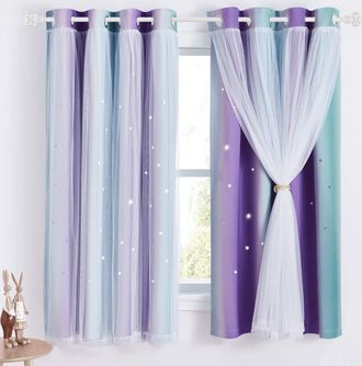 Nicetown Vorhang Kinderzimmer Junge Ösenschal 2er Set Gardinen mit Ausgehöhlten Sternen Doppellagige Verdunklungsvorhänge mit Voile, H 160 x B 132 cm, Blau+Lil