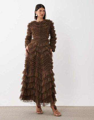 Beauut Maryisa robe longue &agrave; manches longues et volants couleur chocolat-Marron