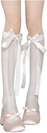 Generico Chaussettes hautes au genou avec noeud doux style Harajuku pour femme, blanc, Taille Unique