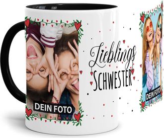 Tassendruck Tasse - Lieblings-Schwester - zum selbst Gestalten mit zwei Fotos - Fototasse f&uuml;r die Schwester - Keramik, Innen & Henkel Schwarz, 300 ml
