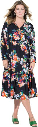 Miamoda Damen gro&szlig;e Gr&ouml;&szlig;en &Uuml;bergr&ouml;&szlig;en Plus Size Midikleid, Bl&uuml;ten-Muster, Volant, Langarm schwarz 44 835164100-44