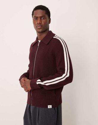 Calvin Klein Jeans Veste de surv&ecirc;tement en maille &agrave; bandes - Bordeaux et blanc-Rouge