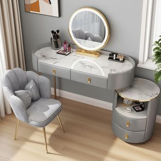 Generic Schminktisch mit beleuchtetem Spiegel, Schminktisch-Set mit 3-Farbiger Beleuchtung, Kosmetiktisch mit 5 Schubladen und Marmorplatte für Mädchen (Gray,