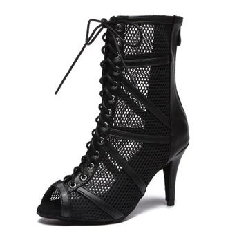 Minitoo Damen Latin Standard Tanzschuhe Mesh Abend Sandalen Stiefeletten Sommer Sexy Tanzstiefel L555 Schwarz EU 38.5