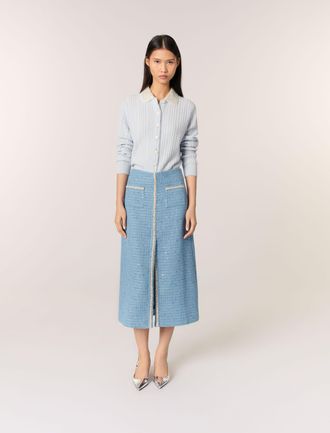 Maje Jupe Midi En Tweed &Agrave; Sequins - Bleu - Taille 34 - Maje