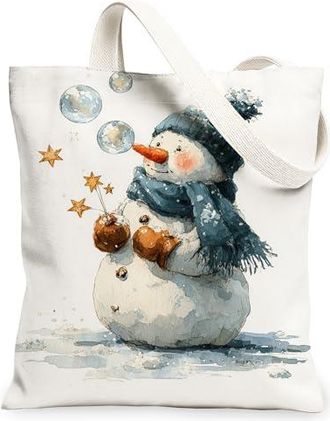 Generic Sacs fourre-tout en toile motif bonhomme de neige - R&eacute;utilisables - L&eacute;gers et lavables, Blanc, 13x15 Inch