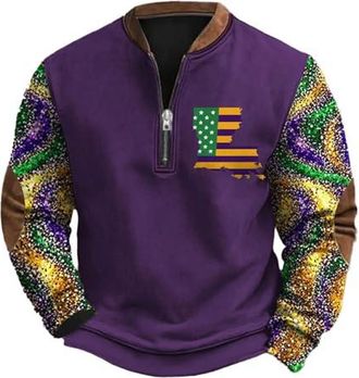 Generico Sweat de carnaval pour homme avec fermeture &eacute;clair imprim&eacute; 3D de la cath&eacute;drale de Cologne et clown - Pull &agrave; manches longues ray&eacute; avec col montant pour
