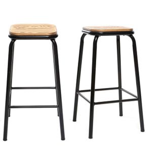 Miliboo Miliboo - Tabourets de bar empilables - Assise carr&eacute;e en pin et structure m&eacute;tal - Hauteur 65 cm - Lot de 2 pour espaces r&eacute;duits