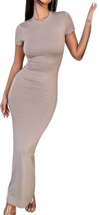 Generic Robe d&eacute;t&eacute; longue pour femme - Robe fourreau moulante - Robe d&eacute;t&eacute; moulante - Robe maxi - Noir - Manches courtes - Blanc - Robe longue &eacute;l&eacute;gante pour fem