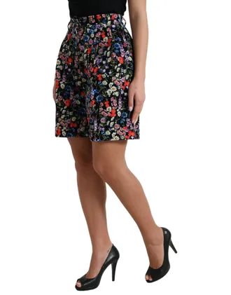 Dolce & Gabbana Womens Black Floral High Waist Hot Pants Shorts Cotton Silk
