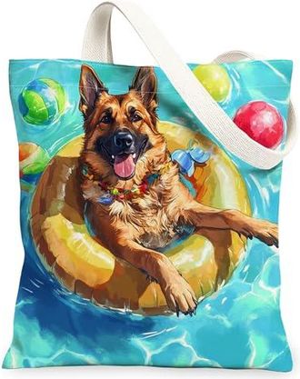 Generic Sac fourre-tout amusant en toile motif berger allemand pour le shopping, 33 x 38,1 cm, sac &agrave; bandouli&egrave;re r&eacute;utilisable pour femme, peinture danimaux do