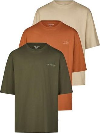 Jack & Jones JJECHARGE Lot de 3 t-shirts pour homme - Col rond - Manches courtes - Imprimé en noir, blanc, beige, vert, gris, marron - Tailles S, M, L, XL, XXL, 3X