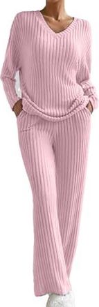 Generic Pyjamas longs pour femmes 2024 Ensemble de pyjama en coton Manches longues tricot&eacute;es Ensembles de yoga avec v&ecirc;tements de nuit douillets avec poches 2 