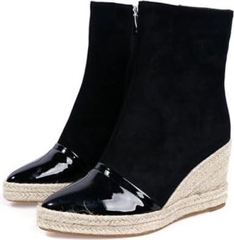 Generic Bottines patchwork pour femme - Bout pointu - Talons compens&eacute;s - Espadrilles - Chaussures dhiver chaudes, Noir, 38.5 EU