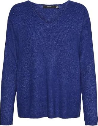 Vero Moda Pull en Tricot à col en V Manches Longues, Chandail tricoté, Jersey VMCREWLEFILE, Couleurs:Bleu-foncé, Taille:XS