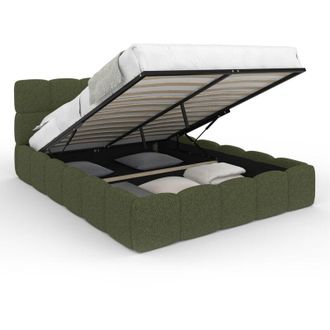 IDMarket Lit coffre double NUAGE avec t&ecirc;te de lit matelass&eacute;e et sommier 140 x 190 cm tissu bouclette vert kaki