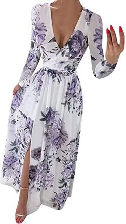 Generic Robe boh&egrave;me 2026 &agrave; manches longues et col en V en mousseline de soie avec fente pour femme, multicolore, L