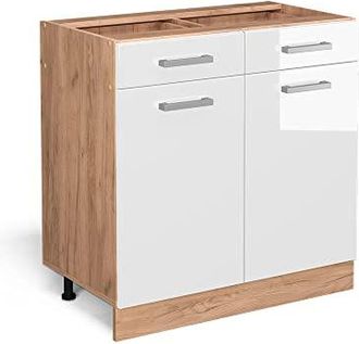 Vicco Meuble Cuisine R-Line, Blanc Haute Brillance/Ch&ecirc;ne de Force dor&eacute;, 80 cm sans Plan de Travail