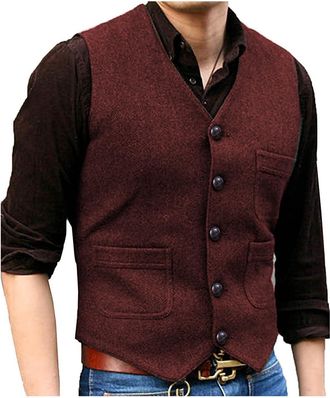 Solovedress Mens Vintage Classic Wolle Anzugweste Formale Regular Fit Weste Anzug Weste für Hochzeit Groomsmen(Burgundy,XXXL)