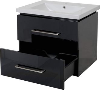 Mendler Premium Waschbecken + Unterschrank HWC-D16, Waschbecken Waschtisch, Hochglanz 60cm - schwarz