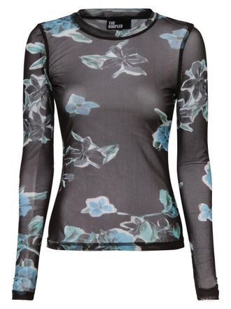 The Kooples Langarmshirt Damen Mesh Rundhals gemustert, schwarz