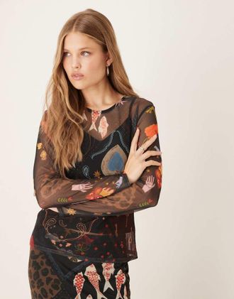 Never Fully Dressed Top en tulle densemble &agrave; manches longues avec motif multicolore