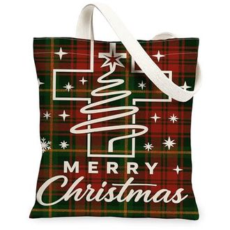 Generic Sacs fourre-tout en toile &agrave; carreaux de No&euml;l, sacs de courses r&eacute;utilisables, vintage l&eacute;gers et lavables avec bandouli&egrave;re, vert, 13x15 Inch