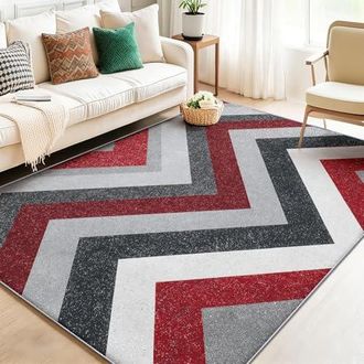 Generic Tapis de Salon 120 x 170 cm, Gris Rouge Tapis Lavable &agrave; Poils Courts antid&eacute;rapant Doux, Motif Moderne Rayures en V G&eacute;om&eacute;trique, pour Chambre denfant B