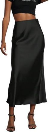 OLIPHEE Jupe Longue Femme Jupe Satin Taille Haute Elastique Robe Femme Robe Satin Ligne A Couleur Unie Casual Chic Élégante Soirée Noir XS