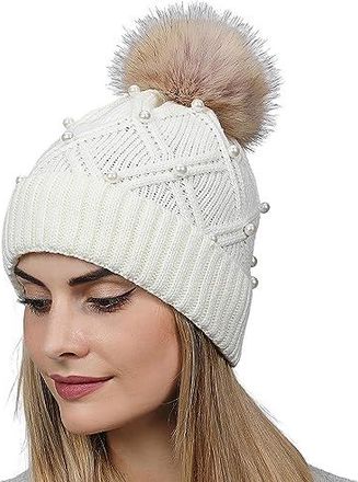 Generic Bonnet dhiver pour femme avec pompon et perles - &Eacute;l&eacute;gant bonnet tricot&eacute; - Bonnet dhiver chaud - Casquette gavroche dhiver - Chapeaux - Bonnets tricot&eacute;