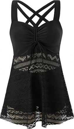 Ocean Plus Femmes Elagant Tankini Top Dentelle Maillot de Bain Deux Pièces sans Dos à Enlever en Couleur Unie avec Coussinet de Poitrine sans Support en Acier (X