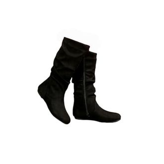 Generic Bottes plates pour femme - Bottes souples - Bottes larges au genou - En daim - Fermeture &eacute;clair - Fond plat - Bottes moyennes - Bottes longues et larg