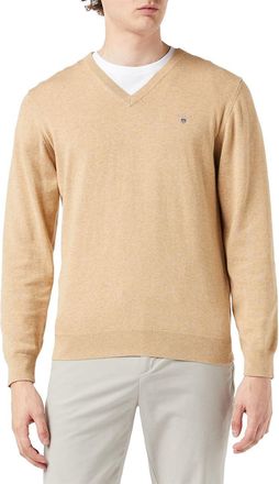 GANT Herren Classic Cotton V-Neck Pullover, Khaki Mel, Small