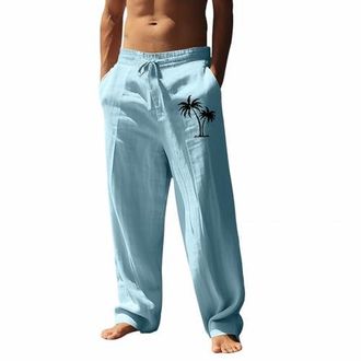 Generic Pantalon surdimensionn&eacute; en coton et lin pour homme, d&eacute;contract&eacute;, couleur unie, imprim&eacute; cocotier, pantalon de sport en coton et lin, coupe r&eacute;guli&egrave;re, b