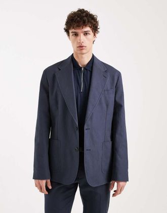 Asos Veste de costume ajust&eacute;e en coton et lin m&eacute;lang&eacute;s - Bleu marine