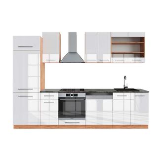 Vicco K&uuml;chenzeile Fame-Line, Wei&szlig; Hochglanz/Goldkraft Eiche, 300 cm, AP Anthrazit