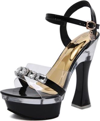 Generic Noir,38 EU,Sandales à Talons compensés pour Femmes, Chaussures à Talons Hauts épais et à Strass, Bout Ouvert, Bride à la Cheville, pour fête de Mariag