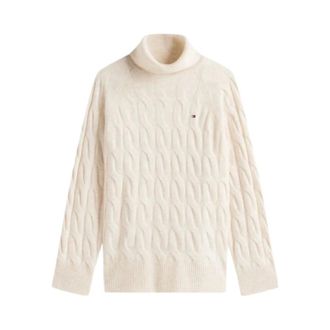 Tommy Hilfiger Femme, Pulls, Beige, Taille: 42 FR Pull Col Roul&eacute; en Laine avec Maille C&acirc;ble