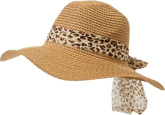 Laura Scott Sonnenhut LAURA SCOTT, Damen, beige, Web, Viskose, bedruckt, kontrastfarbene Details, festlich, H&uuml;te, mit modischem Leopard Schleifenband
