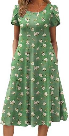 Zeagoo Robe d&eacute;t&eacute; &eacute;l&eacute;gante pour femme - Col rond - Pliss&eacute;e - Manches courtes bouffantes - Robe midi d&eacute;contract&eacute;e - Robe trap&egrave;ze avec poches - Taille S &agrave; XXL, 