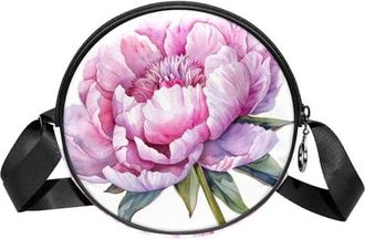 Generic Sac &agrave; bandouli&egrave;re rond pour femme, motif pivoine, petit sac &agrave; bandouli&egrave;re avec fermeture &eacute;clair, bretelles r&eacute;glables, sac &agrave; main rond d&eacute;contract&eacute; pour