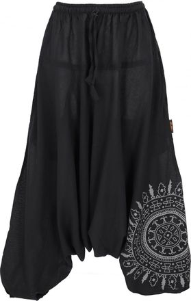 Guru Shop Haremshose Pluderhose,Pumphose mit Mandala, Aladinhose aus Baumwolle - Schwarz, Damen