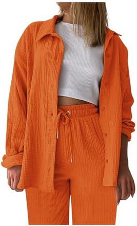 Generic Ensemble 2 pièces en coton et lin pour femme, chemise boutonnée à manches longues et cordon de serrage, pantalon long, tenue de voyage, tenue de déten