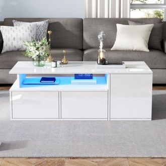 Generic Teetisch mit LED und Doppelschubladen, 60 kg Tragkraft, Hochglanz-Oberfl&auml;che, viel Stauraum mit 9 Ablagef&auml;chern, Wohnzimmer Sofatisch f&uuml;r Moderne und 