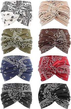 Dreshow Bandeau Cheveux Femme Extra Large Boho Bandeaux Vintage Hair Bandeau Cross Noué Élastique Bande de Cheveux Accessoire 8 Pcs