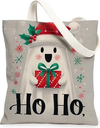 Generic Sac fourre-tout en toile motif fant&ocirc;me de No&euml;l, esprit de vacances, l&eacute;ger, lavable, bandouli&egrave;re r&eacute;utilisable, pour f&ecirc;te en plein air, gris, 13x15 Inch