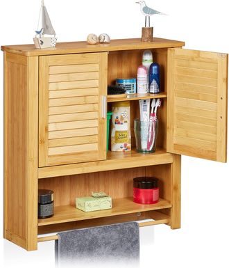 Relaxdays Hängeschrank LAMELL Bambus, mit Handtuchhalter, 3 Ablagen, 2 Türen, Badschrank, HBT: 66 x 62 x 20 cm, natur, 20x62x66 cm