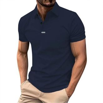 Generic Polo pour homme europ&eacute;en, pur, color&eacute; et polyvalent avec col ample, boutonni&egrave;re, col ouvert, manches courtes de sport c&ocirc;tel&eacute;es, Marine, XXL